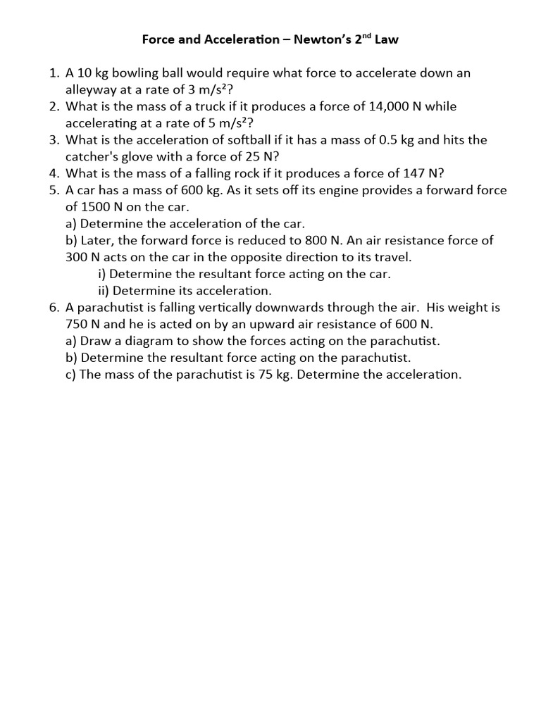Newton S Second Law Calculations | PDF | Force | Mass