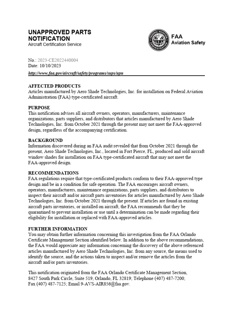 2023-CE2022440004 Unapproved Parts Notification | PDF | Federal ...
