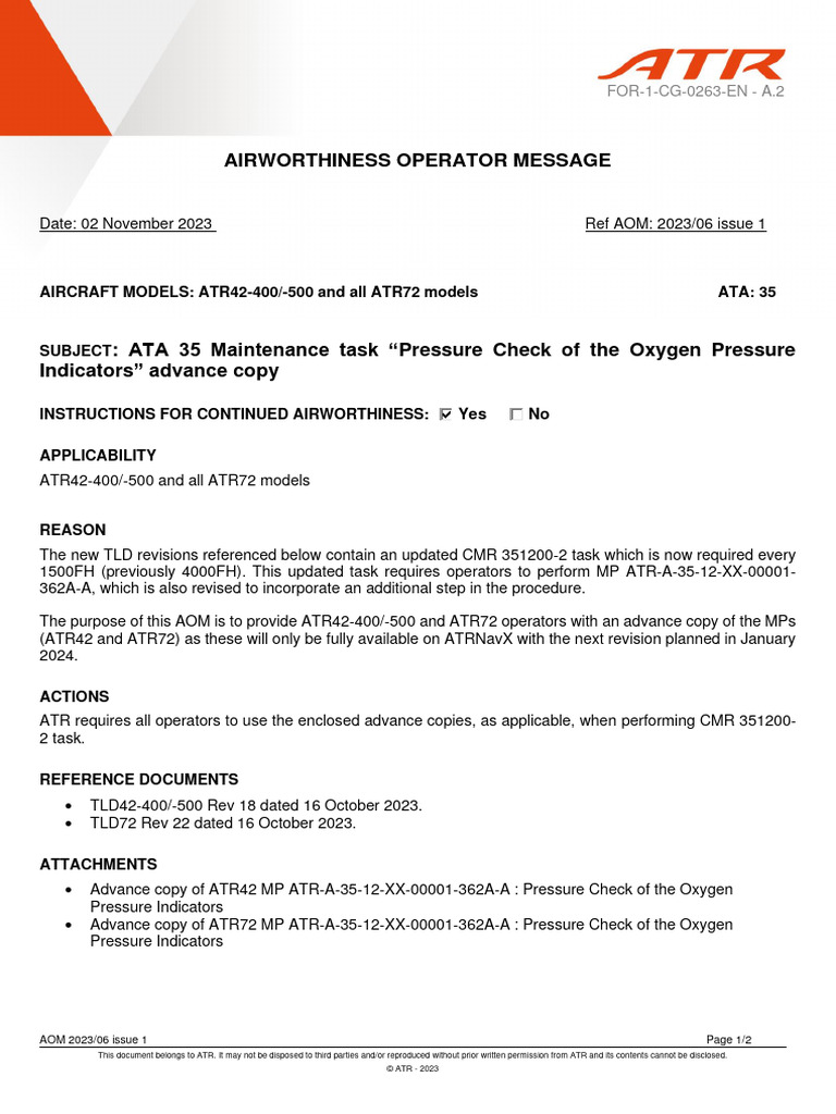 AOM 2023-06 Issue 1 - ATA 35 Maintenance Task Pressure Check of The ...