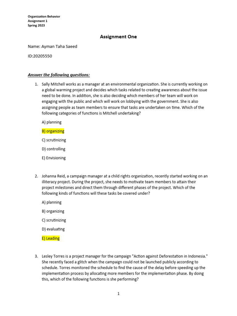Assignment One Ob Pdf Organizational Behavior Employment 
