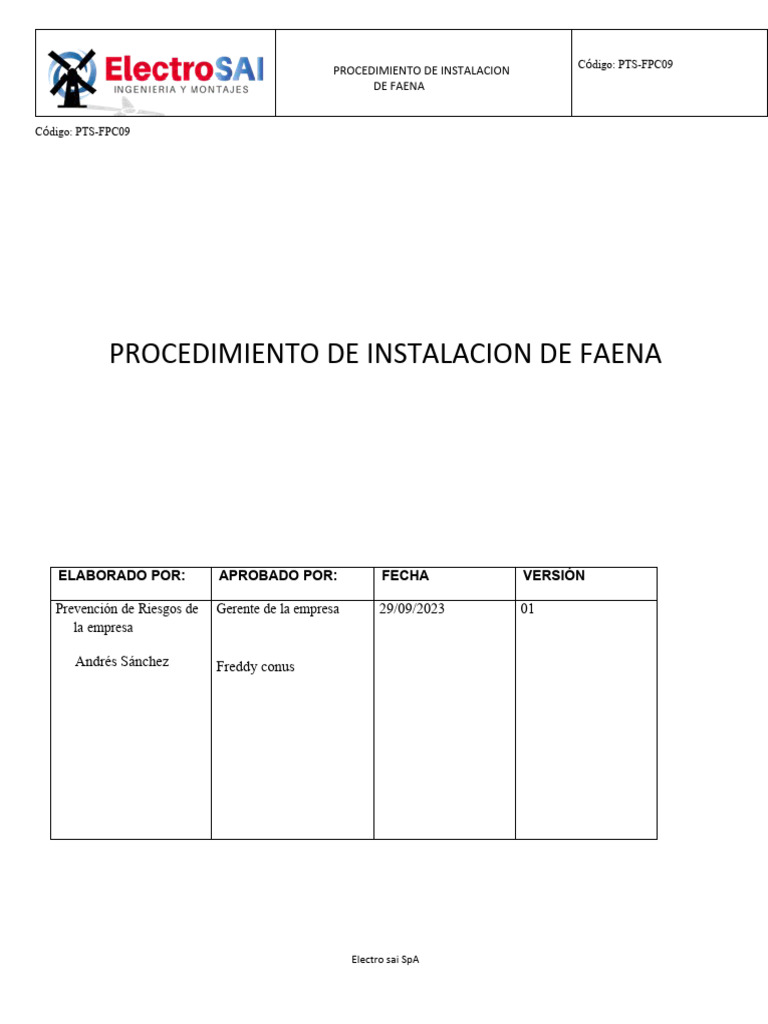 PROCEDIMIENTO DE INSTALACION DE FAENA Odata | PDF | Business