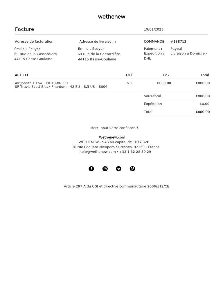 Facture Wethenew Air Jordan 1 Low SP Travis Scott Black Phantom | PDF