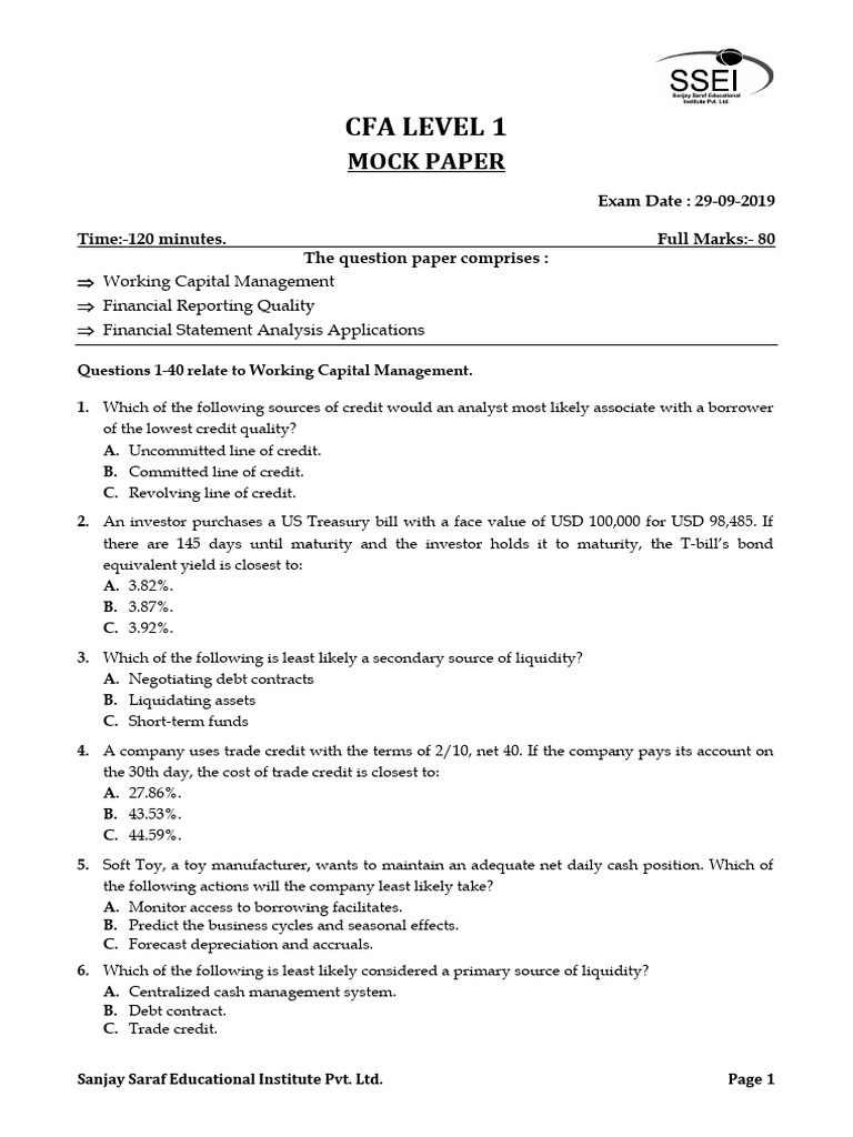 Cfa L 1 Mock Paper - Question-22-09-19 | PDF | Yield (Finance) | United ...