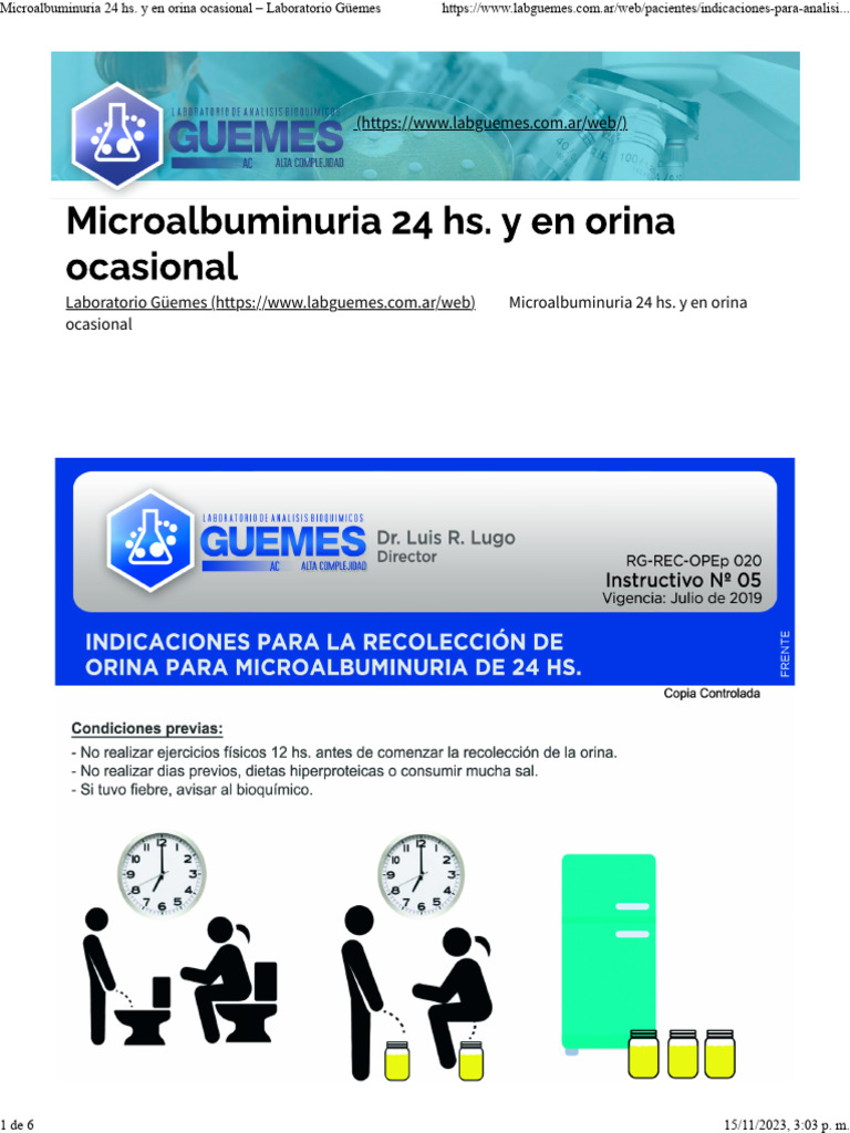Microalbuminuria 24 Hs. y en Orina Ocasional - Laboratorio Güemes | PDF