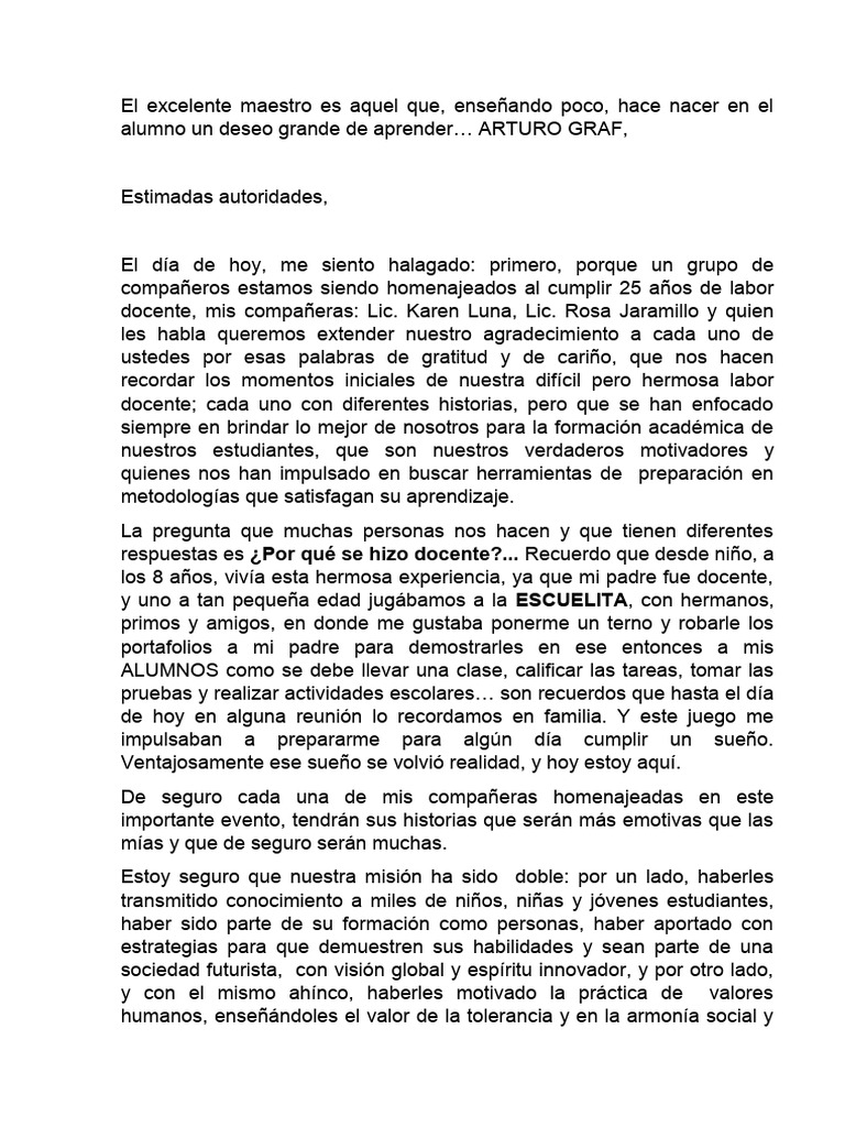 Discurso de Agradecimiento 25 Años | PDF | Enseñando | Maestros