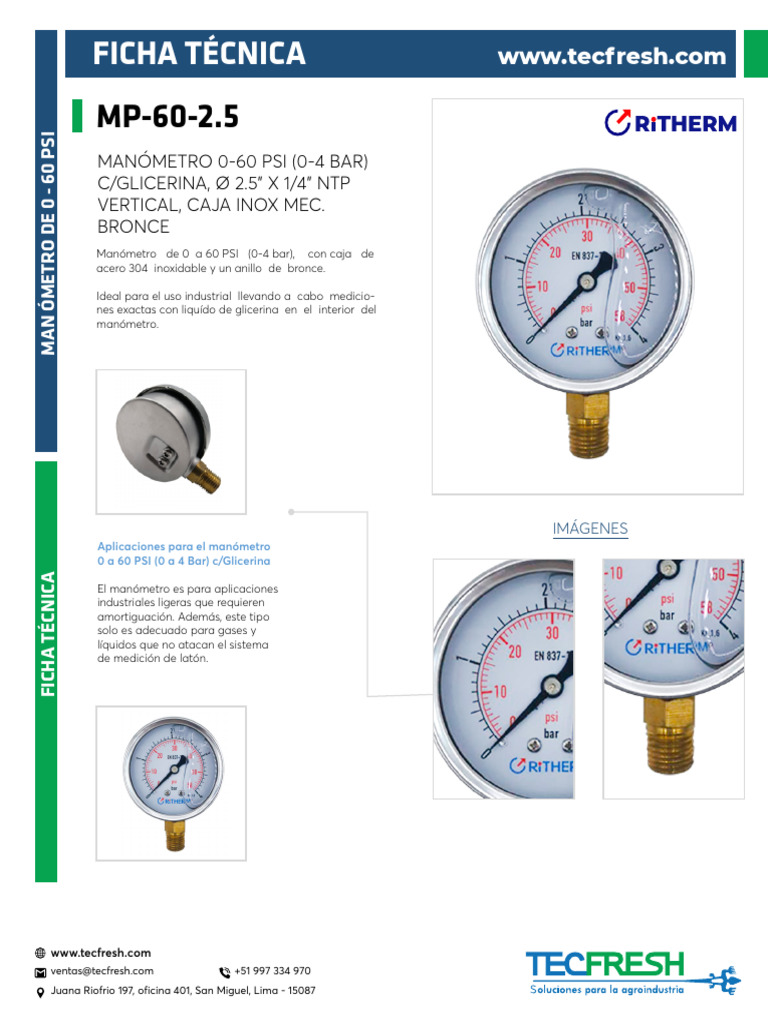 Ficha Técnica Manómetro 0-60 PSI | PDF | Metrología | Ciencias fisicas