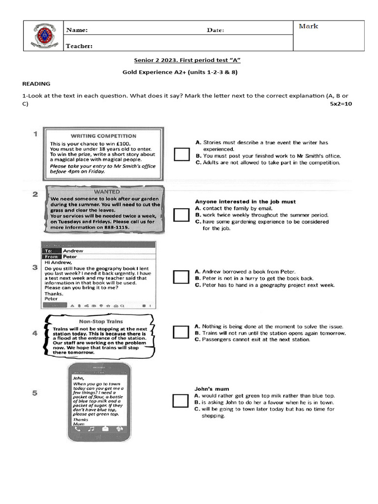 First Period Test-Senior 2 A | PDF | Language Arts & Discipline