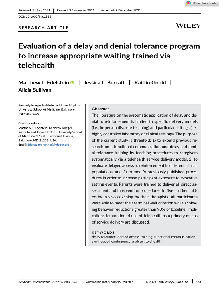 Behavioral Interventions - 2021 - Edelstein - Evaluation of A Delay and ...