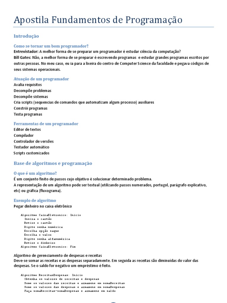 Apostila Fundamentos De Programação Pdf Algoritmos Variável