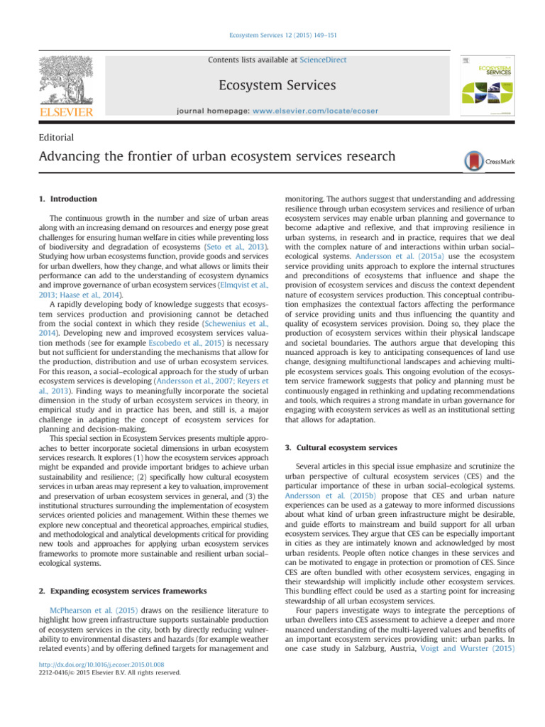 Advancing The Frontier of Urban Ecosystem Services Research | PDF ...