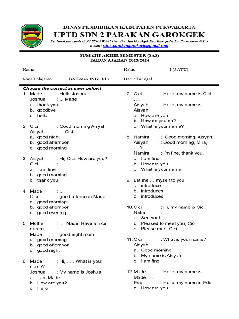 Soal Sas Bahasa Inggris - (Kelas 1) | PDF