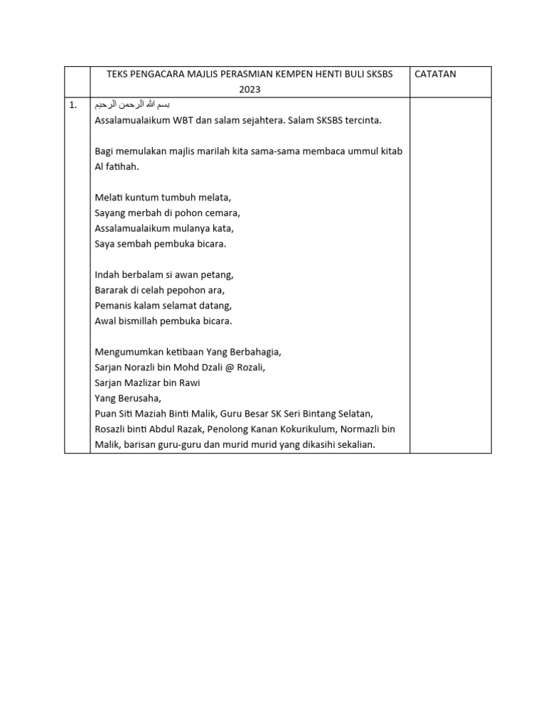 Teks MC Program Henti Buli | PDF