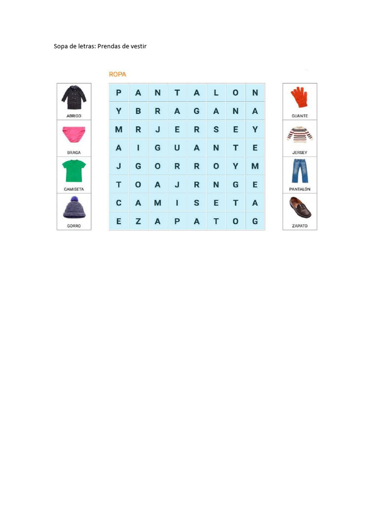 Sopa de Letras Prendas de Vestir | PDF