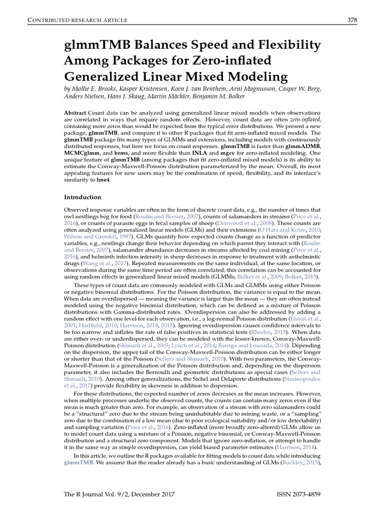 GLMMTMB Balances Speed and Flexibility Among Packages For Zero Inflated Generalized Linear Mixed ...