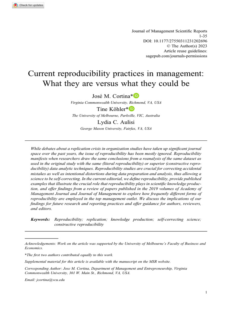 Cortina Et Al 2023 Current Reproducibility Practices in Management What They Are Versus What ...