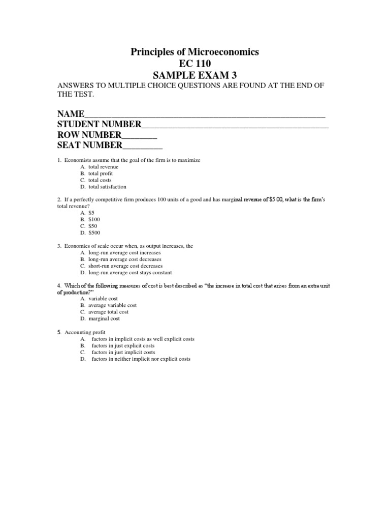Sample Exam 3 | PDF | Perfect Competition | Average Cost