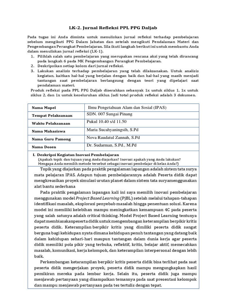 LK 2 Jurnal Refleksi PPL Maria Siklus 2 | PDF