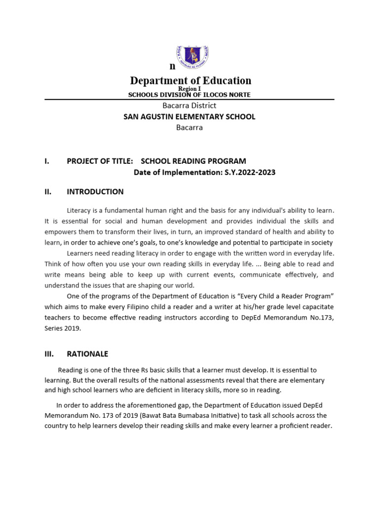 Reading Program Introduction Rationale 2022 2023 | PDF | Literacy ...
