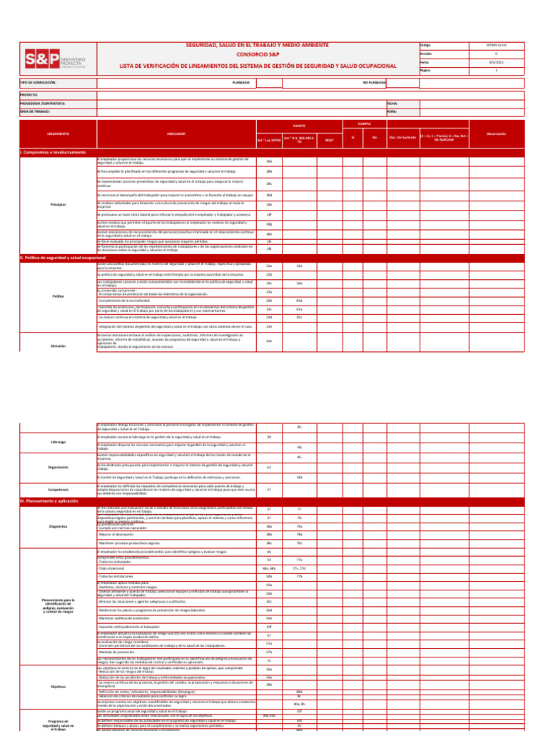 SSTMA-LV-01 Lista Verificación de Lineamientos Del SG SSTMA | PDF | Seguridad y salud ...