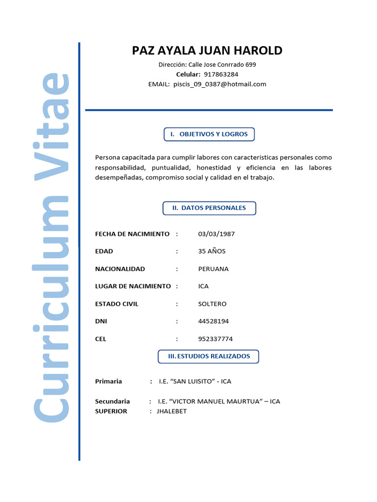 Curriculum Vitae de Juan Harold Paz Ayala | PDF