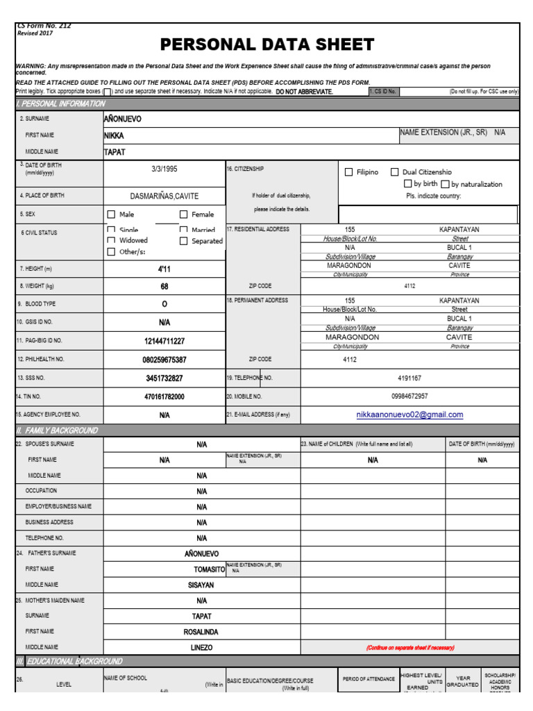 Personal Data Sheet: Añonuevo Nikka Name Extension (JR., SR) N/A Tapat ...