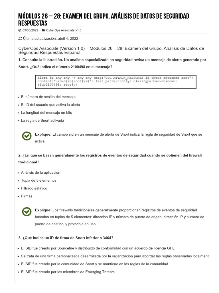 Módulos 26 - 28 - Examen Del Grupo, Análisis de Datos de Seguridad Respuestas | Descargar gratis ...