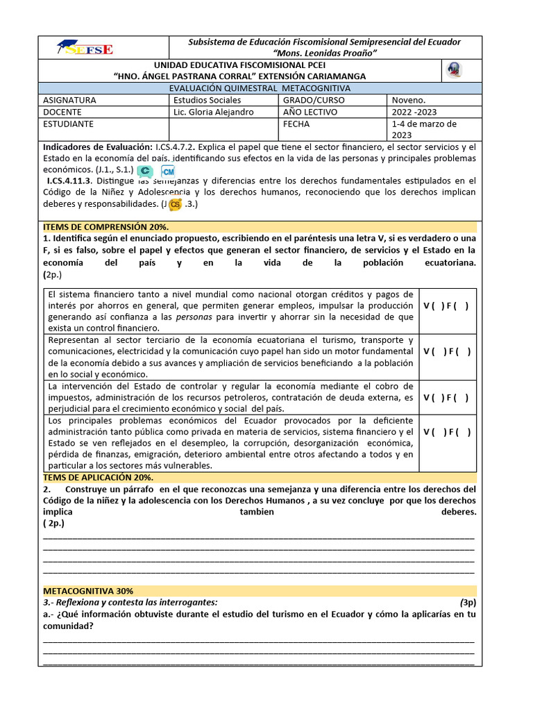 Evaluacion Estudiante Metacognitiva de Eess 9no | PDF | Ecuador | Economias
