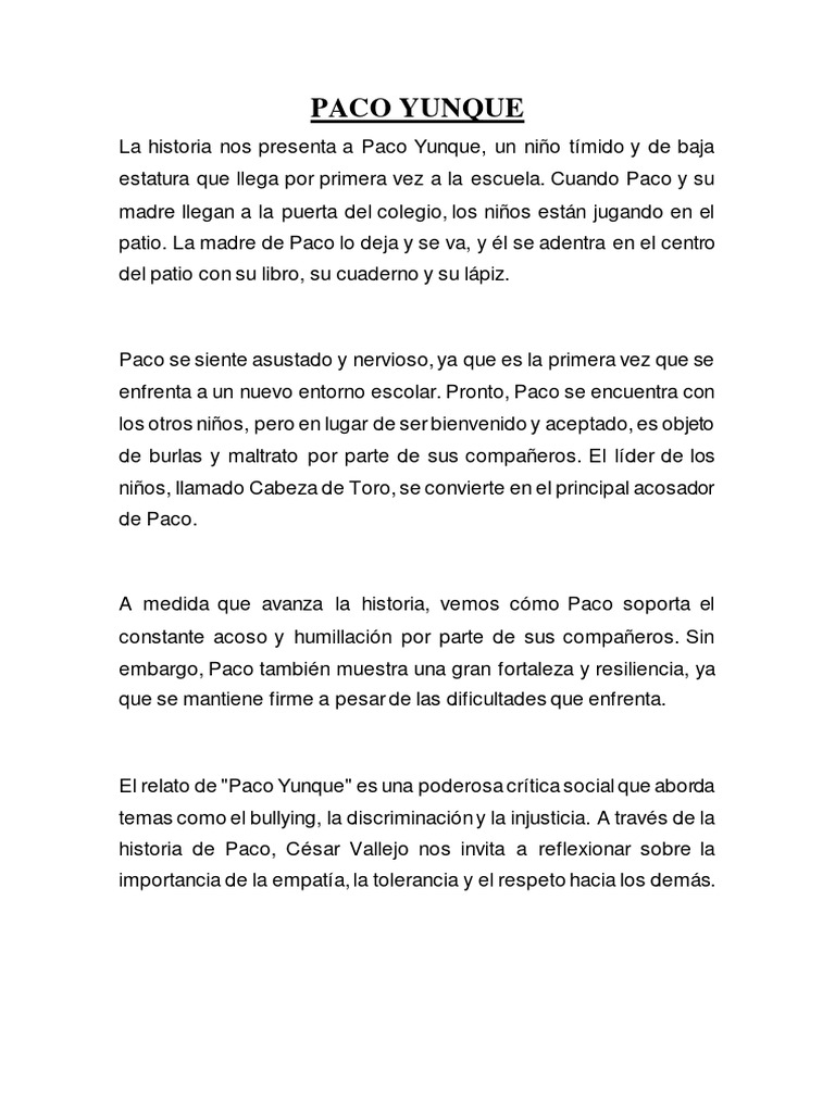Paco Yunque: Bullying y Resiliencia Infantil | PDF