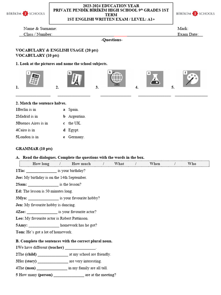 A1+ 1st Written Exam - A | PDF | English Language | Linguistics