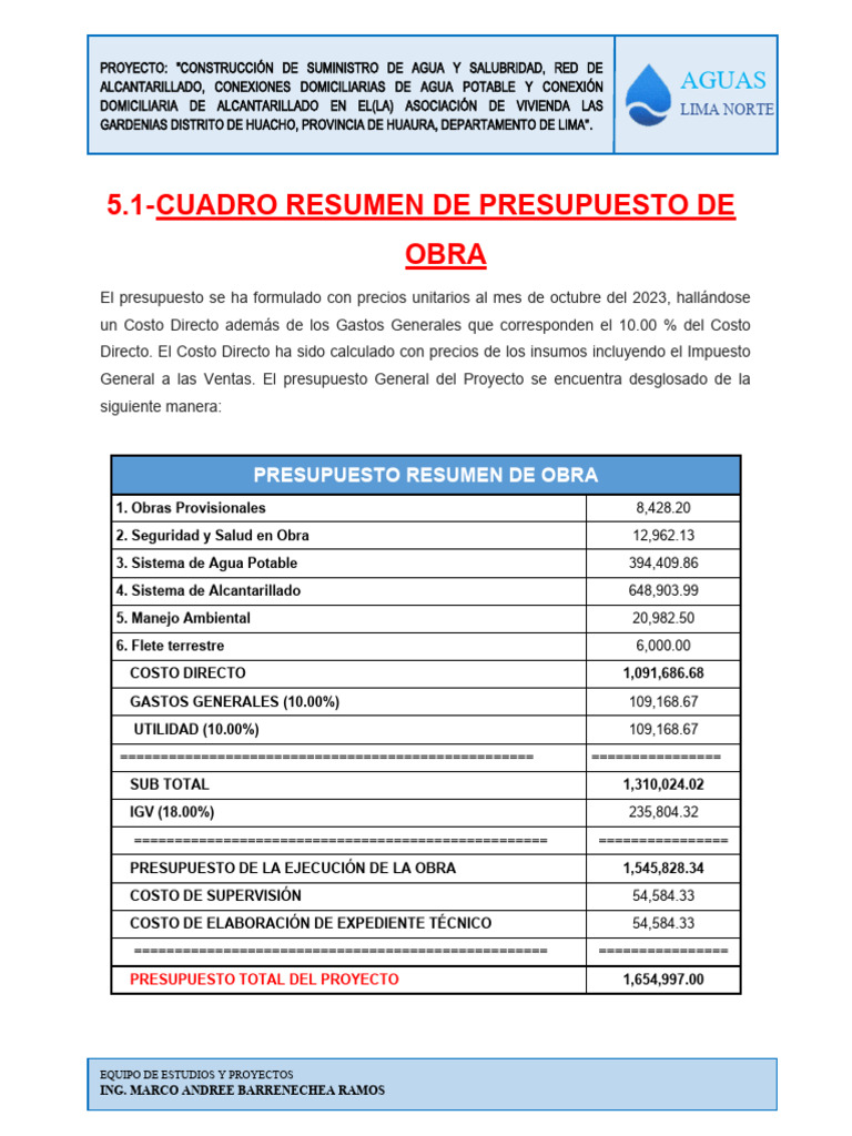 Cuadro Resumen de Presupuesto de Obra | PDF | Presupuesto | Hidrología
