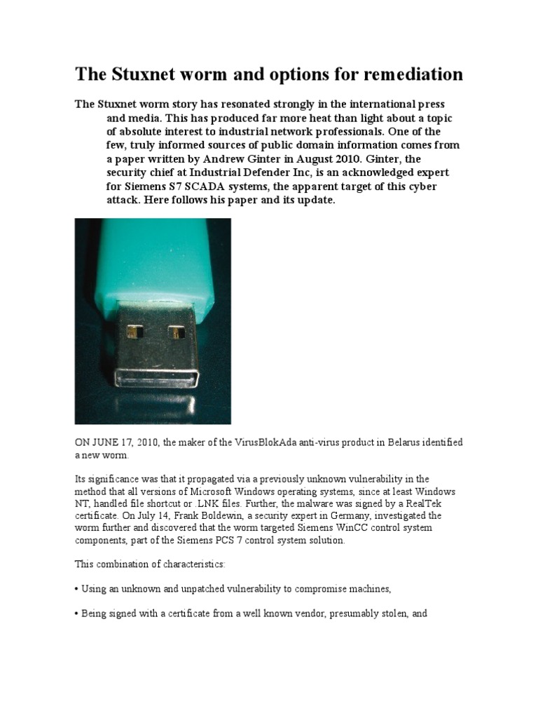 The Stuxnet Worm and Options for Remediation | Antivirus Software | Malware