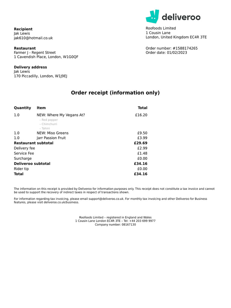 Deliveroo Order Receipt and Invoice | PDF | Receipt | Invoice
