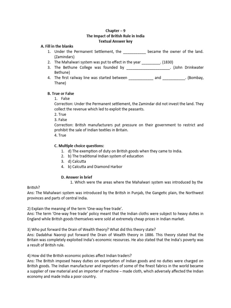 Chapter 9 The Impactof British - History - Textual Answer Key | PDF