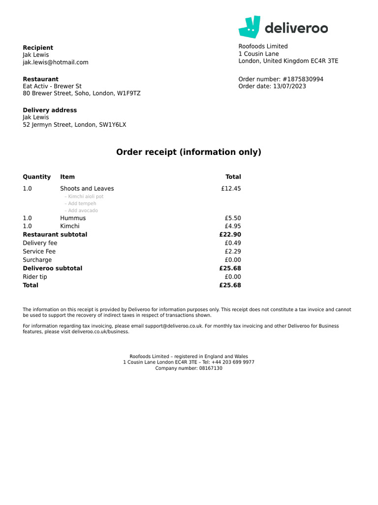 Deliveroo Receipt and Invoice Details | PDF | Receipt | Invoice