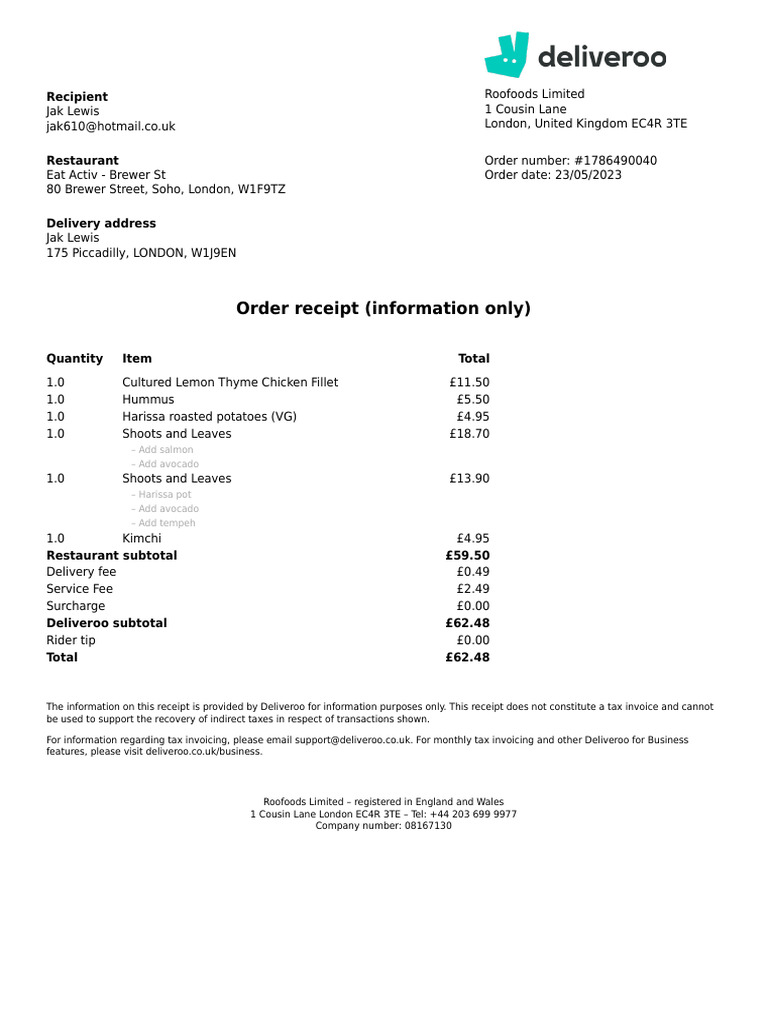 Deliveroo Order Receipt 1786490040 | PDF | Receipt | Invoice