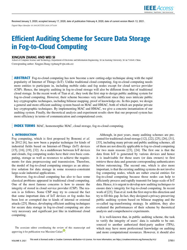 Efficient Auditing Scheme For Secure Data Storage In Fog To Cloud Computing Pdf Internet Of