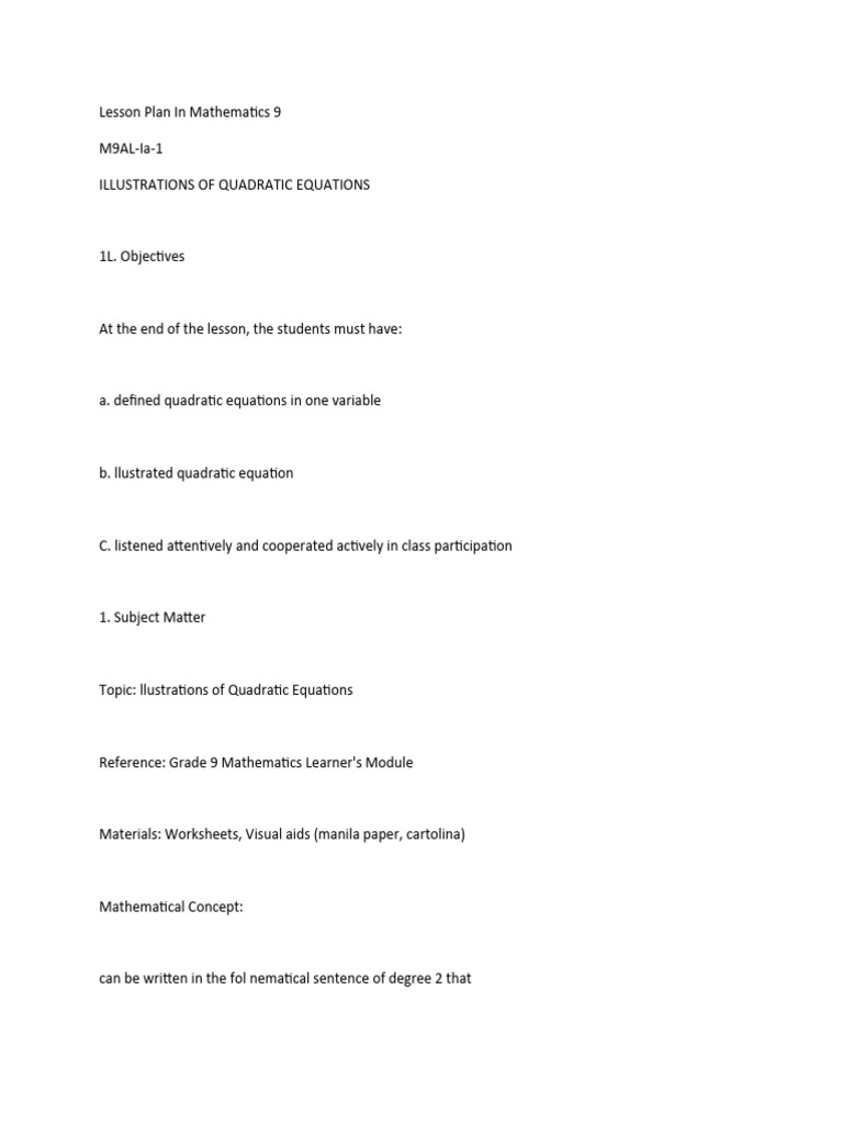 Lesson Plan 9 | PDF | Equations | Variable (Mathematics)
