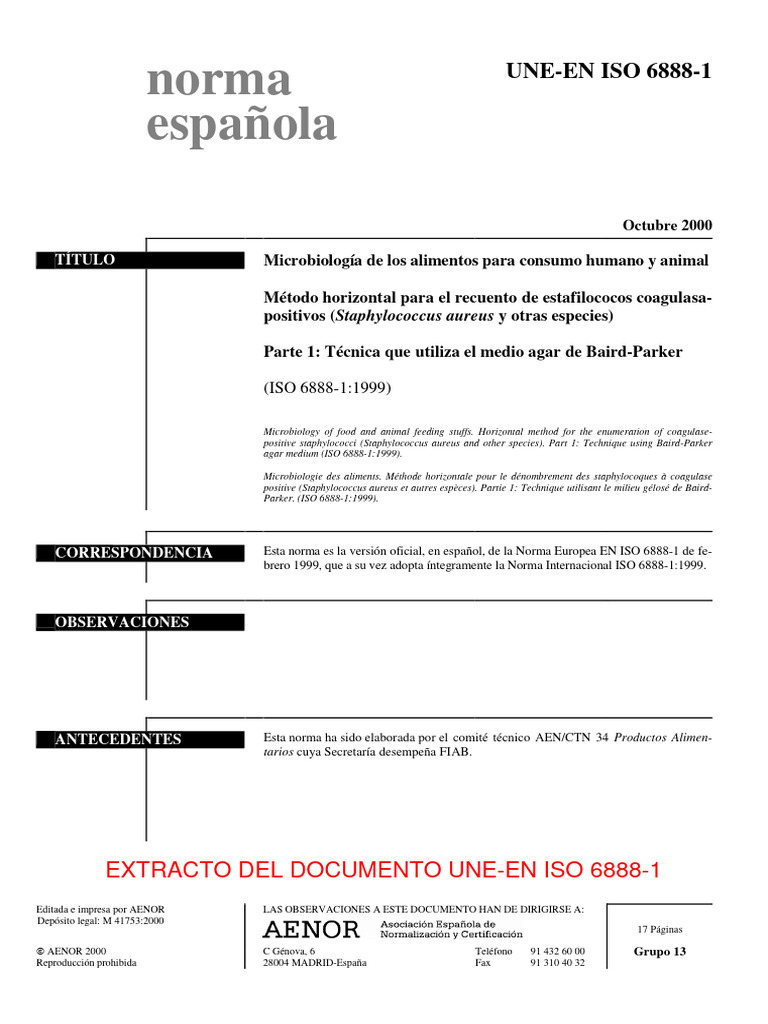 (Ex) Une-En Iso 6888-1 2000 | PDF | Microbiología