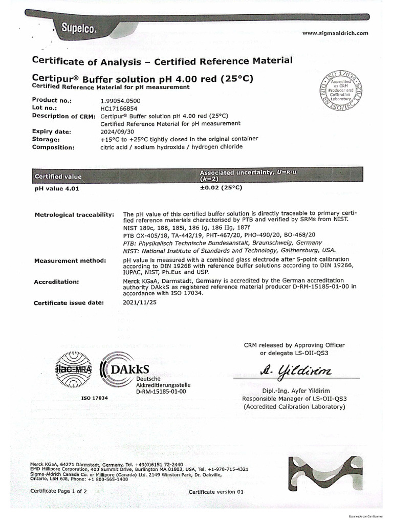 Certificado de análisis - Buffer pH 4.00 - Ajuste | PDF