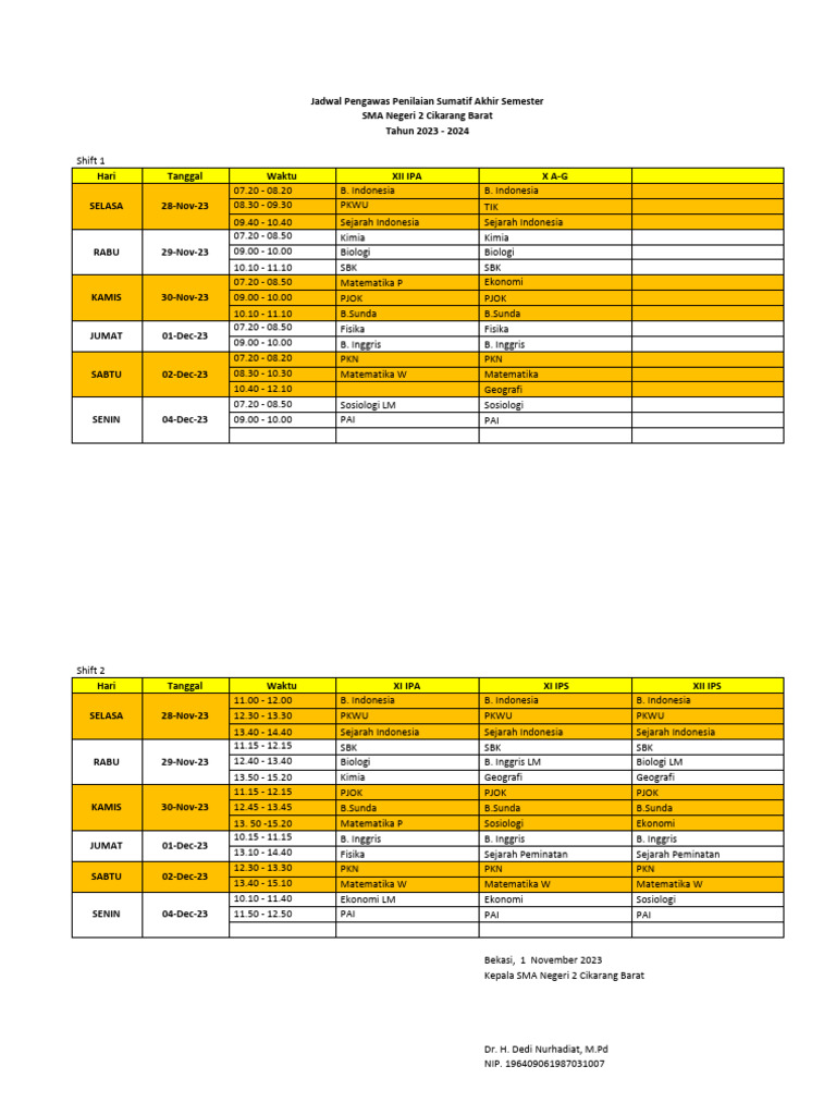 Jadwal Siswa PSAS 2023-2024 | PDF