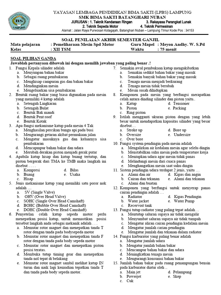 Soal UAS Teknik Sepeda Motor XII TSM | PDF | Teknologi & Rekayasa
