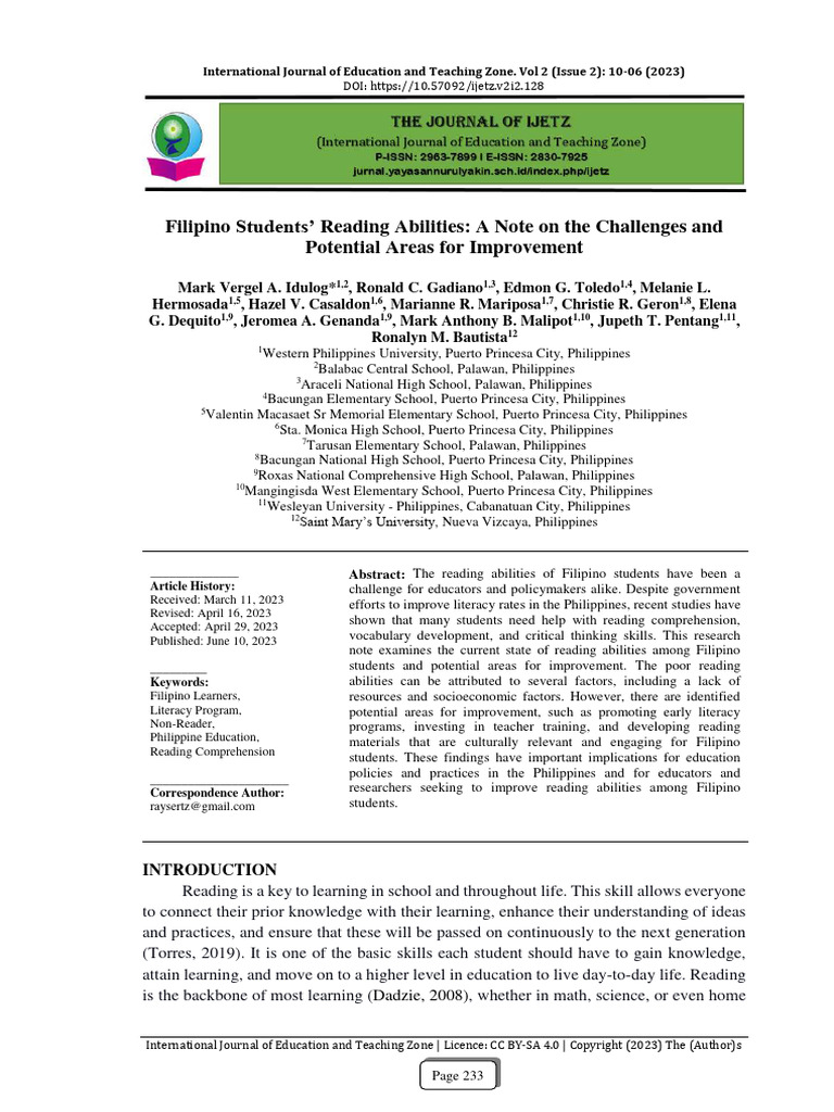 Filipino Students Reading Abilities A Note On The | PDF | Reading ...