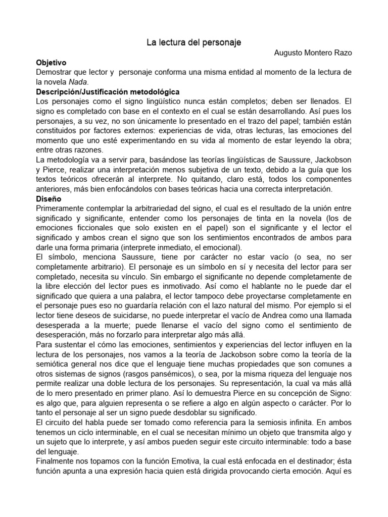 Lectura y desarrollo de personajes en "Nada" | PDF | Comunicación ...