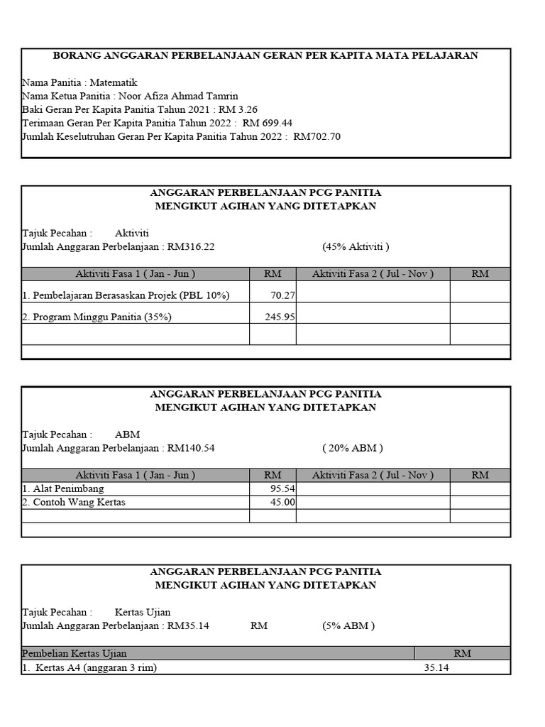 Borang Anggaran Perbelanjaan Panitia MT | PDF