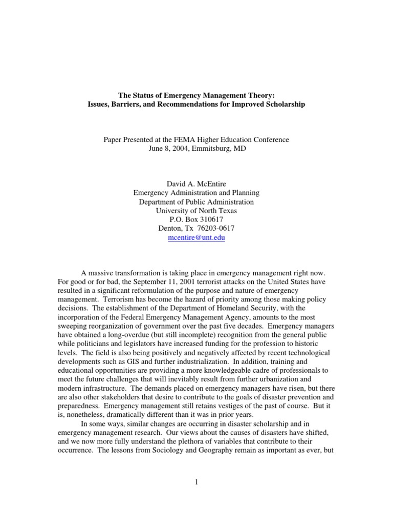 David McEntire - Status of Emergency Management Theory | PDF ...