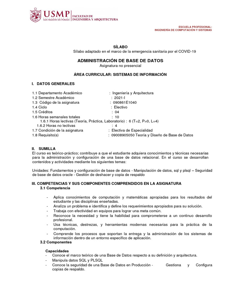 E.Administracion de Base de Datos 2021 I No Presencial | Descargar gratis PDF | Bases de datos ...