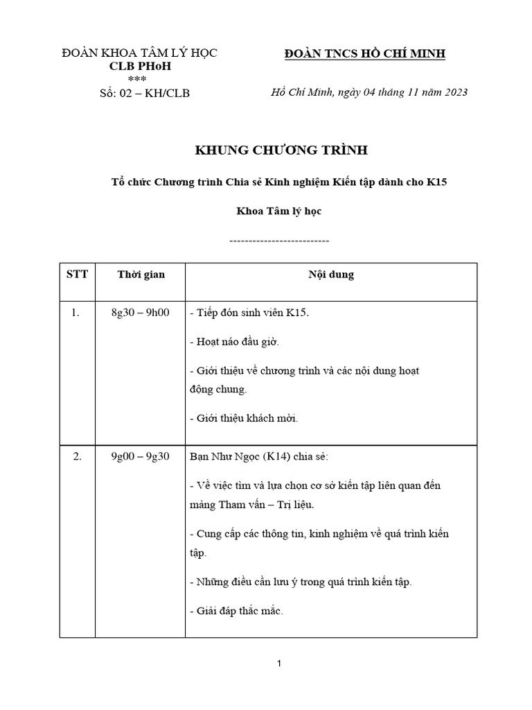 (CLB-PHoH) Khung Chương Trình Chia Sẻ Kinh Nghiệm Kiến Tập K15 | PDF