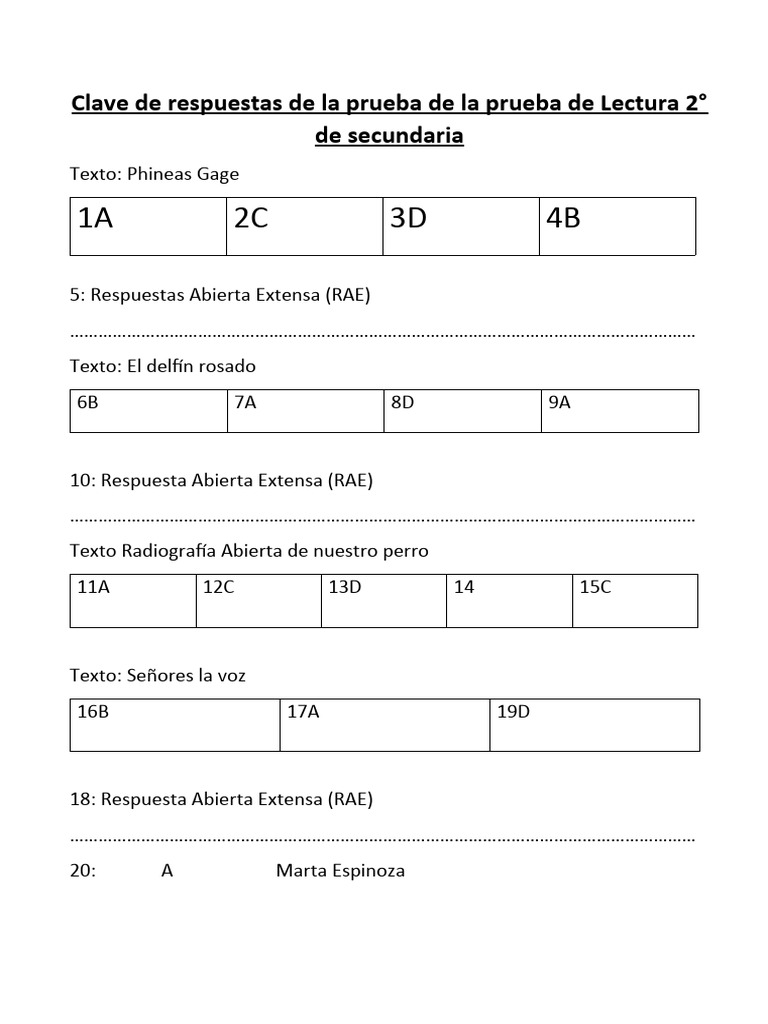 Clave de Respuestas de Lectura 2 Secundaria | PDF | Métodos y ...