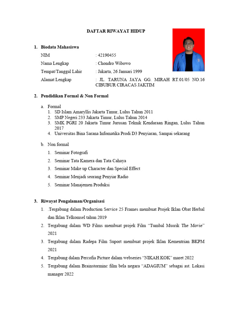 Riwayat Hidup Chondro Wibowo | PDF