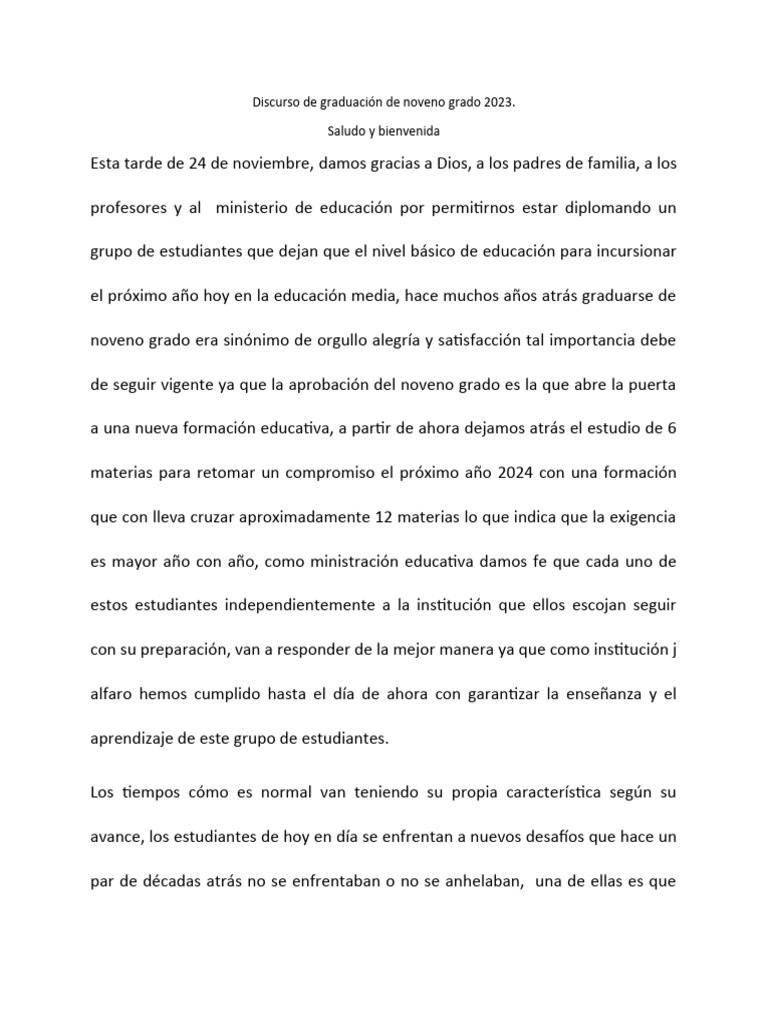 Discurso de Graduación de Noveno Grado 2023 | PDF